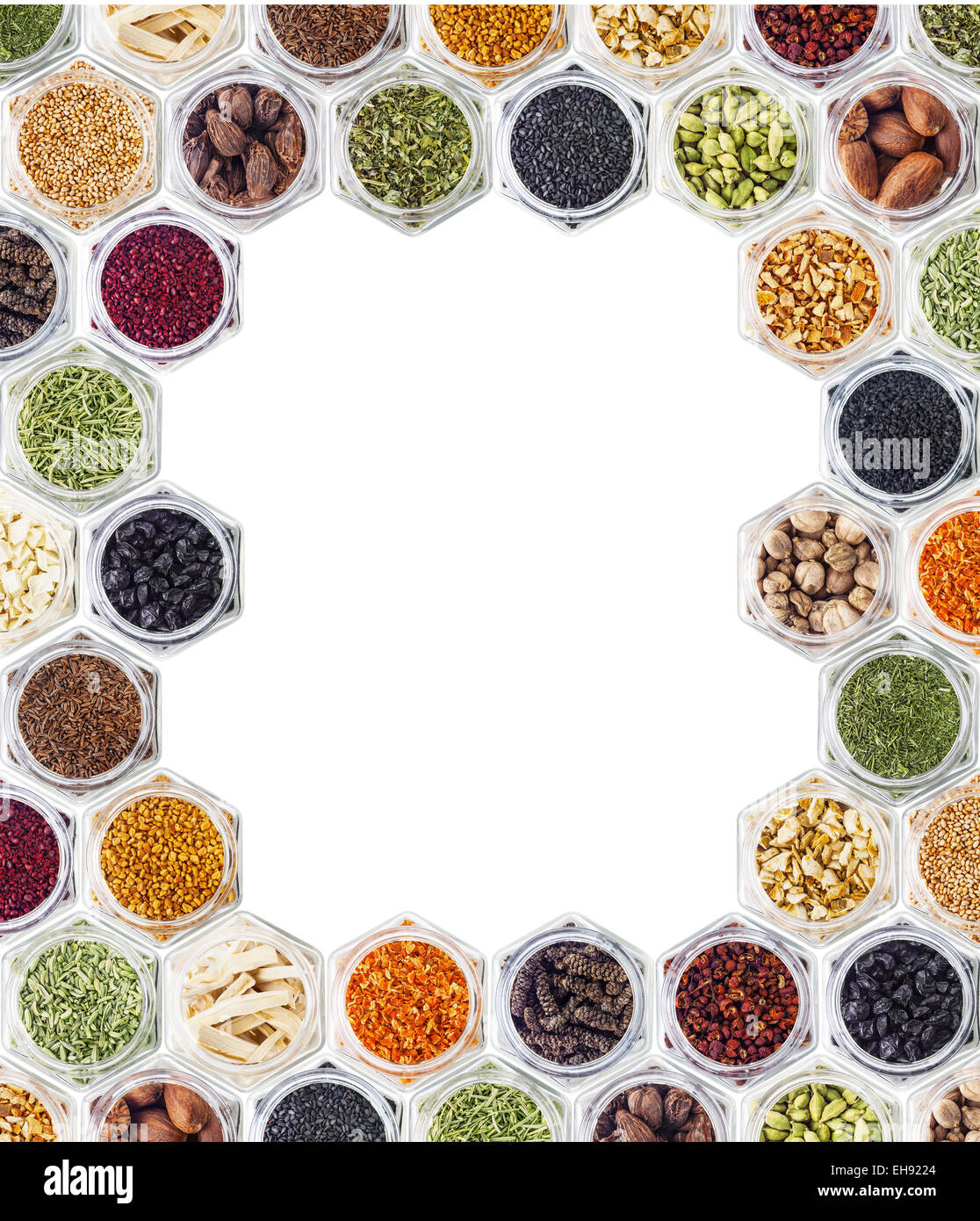 border frame of colorful powder spices with copy space for text ...