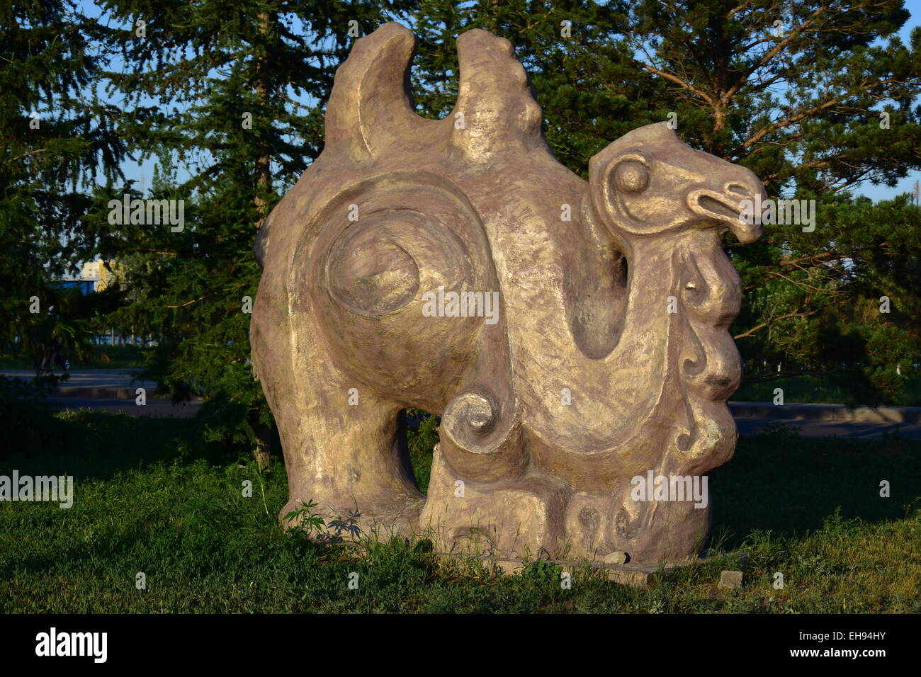 Bronze statue featuring a two-hump (Bactrian) camel, in Astana ...