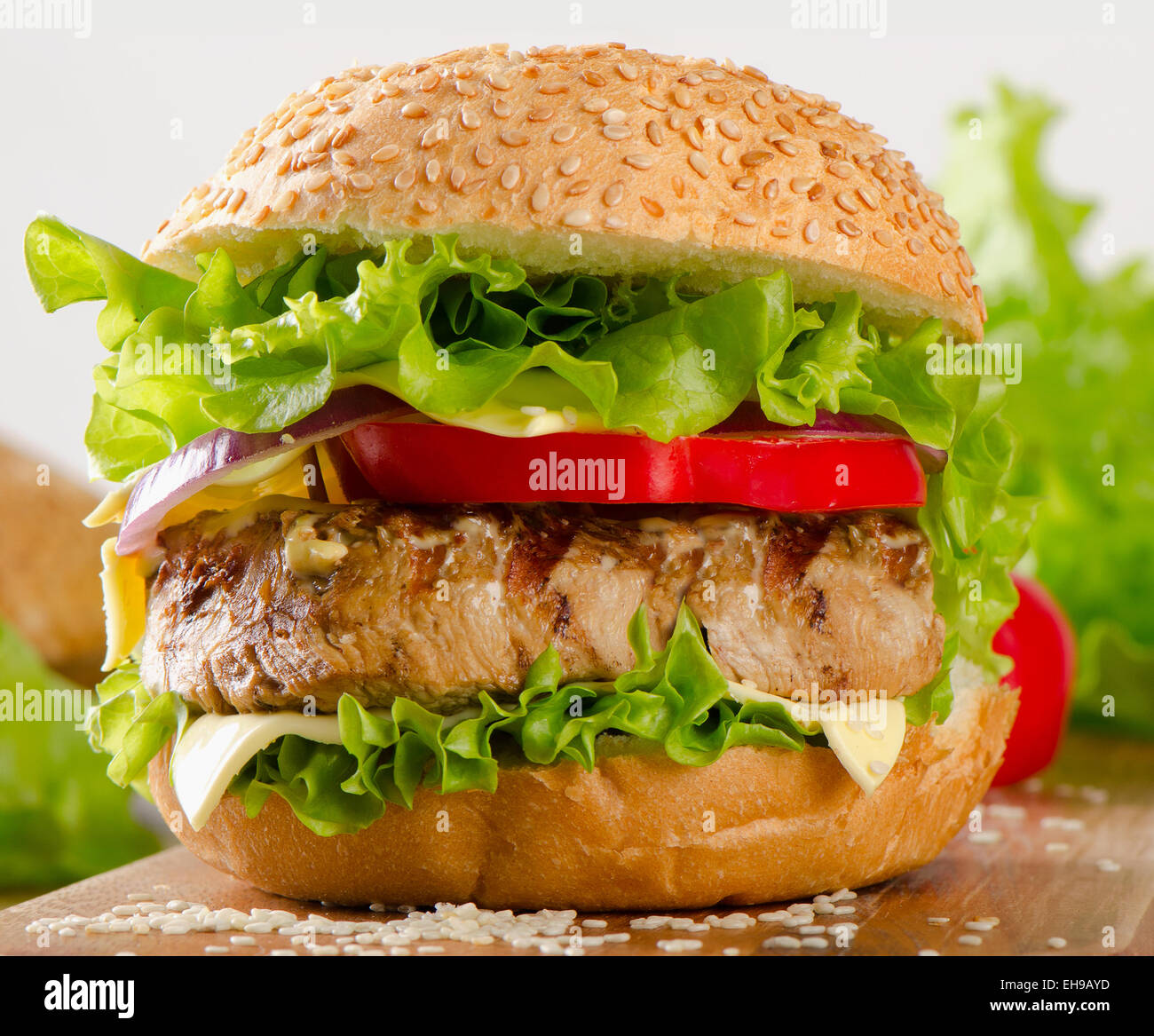 Homemade healthy hamburger with beef and fresh vegetables. Selective ...