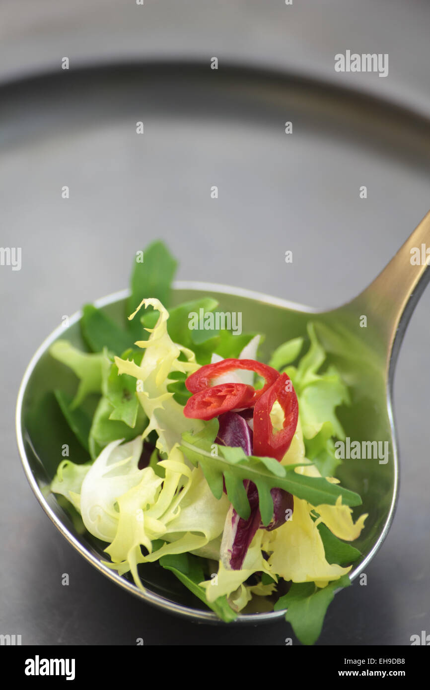 Ladle of tiny green salad leaves and a few slices of chili Stock Photo ...