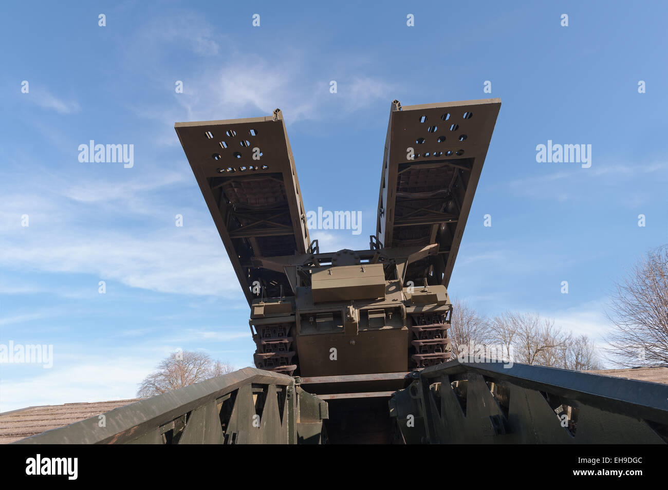 Imposing view as a powerful launch assault tank carrying a steel mobile ...