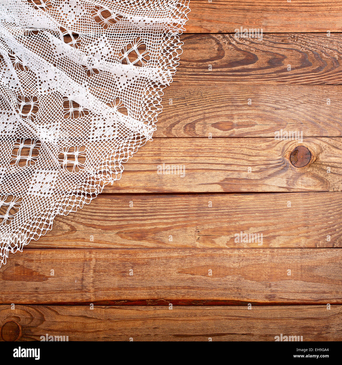 Wood texture, wooden table with white lace tablecloth top view Stock ...