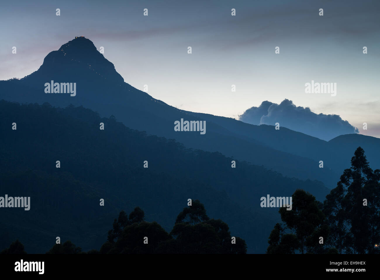 The illuminated trail up Sri Pada (Adam's Peak), Sri Lanka, Asia Stock ...