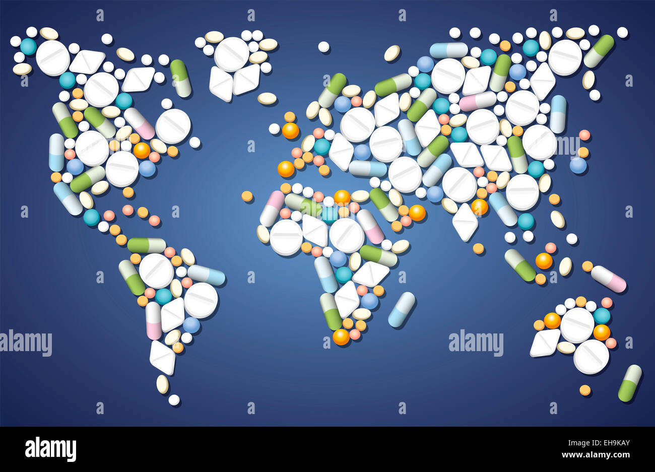 Pills, capsules and tablets that shape the map of the world, as a ...