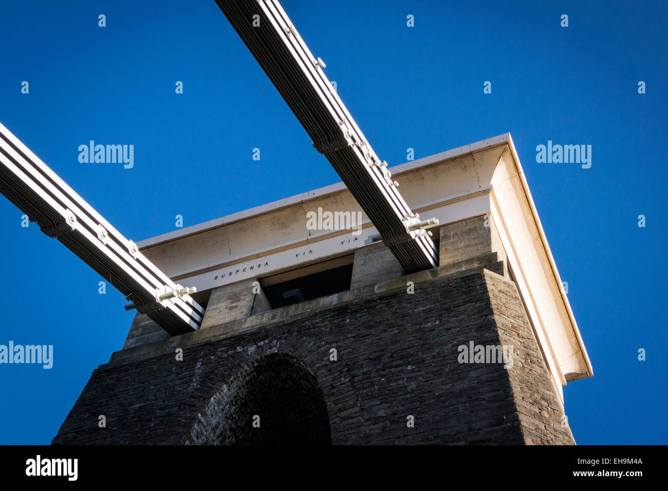 View of the steel cables attached to the top of the brick pylon of ...