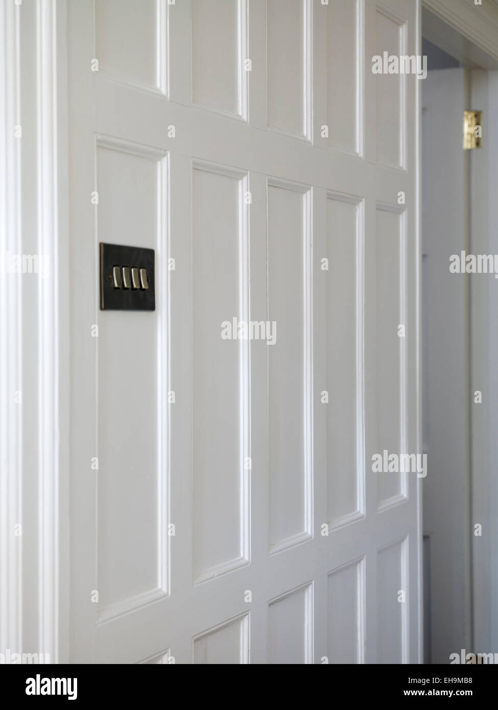 Detail of white wood panel with light switch, Edwardian residential ...
