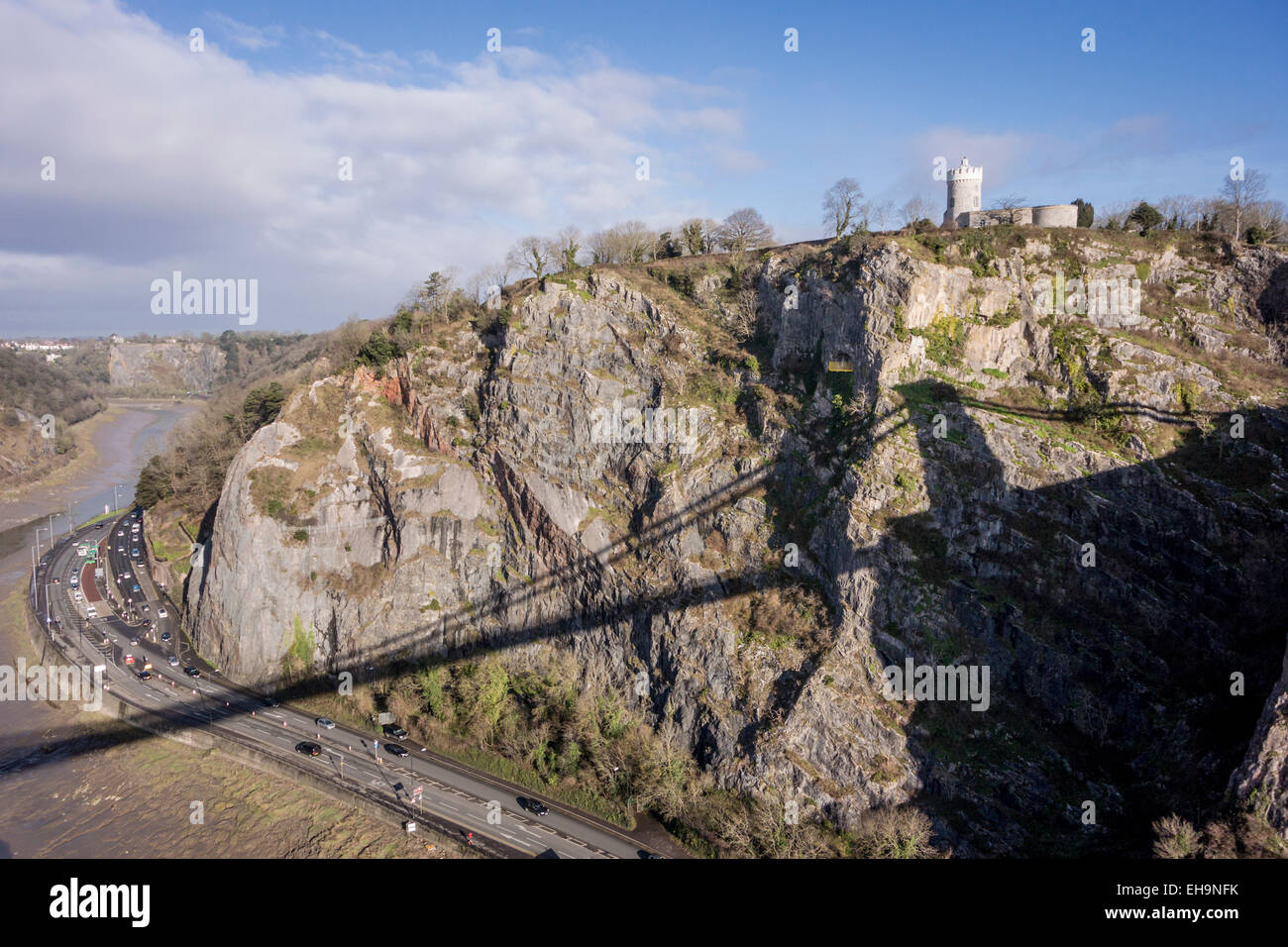 Clifton Observatory, on top of the cliff with shadow of bridge and ...
