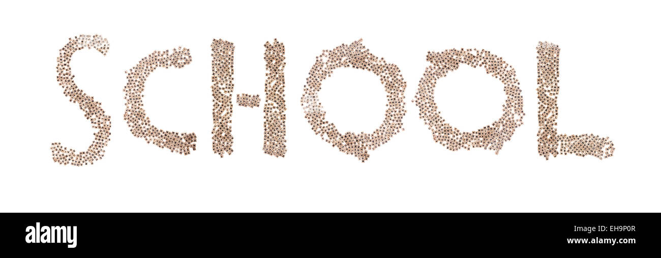 School written in letters formed with wooden cubes with letters ...