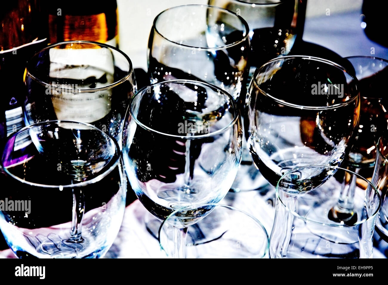 Sparkling wine glasses setup for party on a table closeup, filter ...