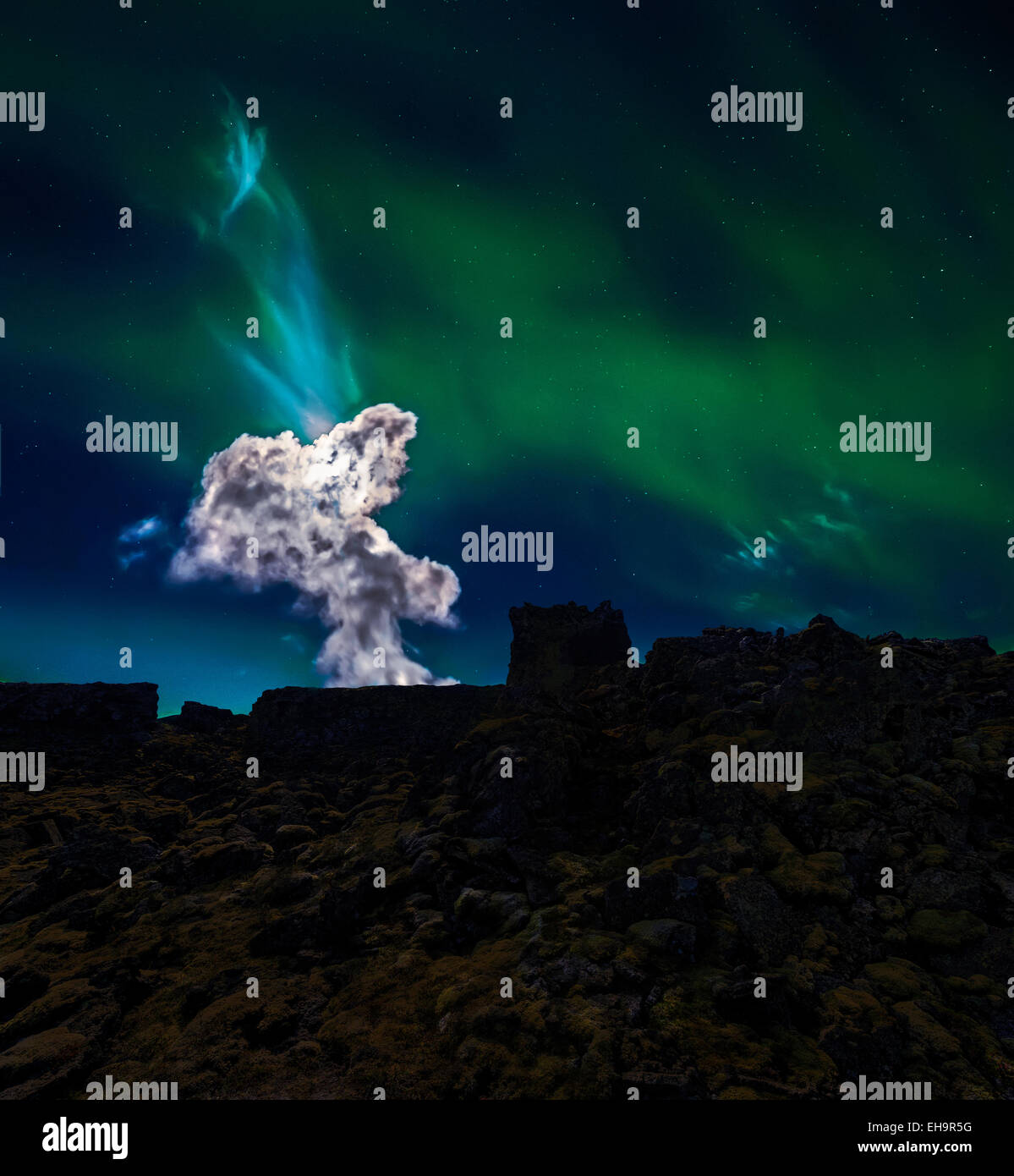 Northern lights and Geothermal Steam with lava landscape, Iceland Stock ...