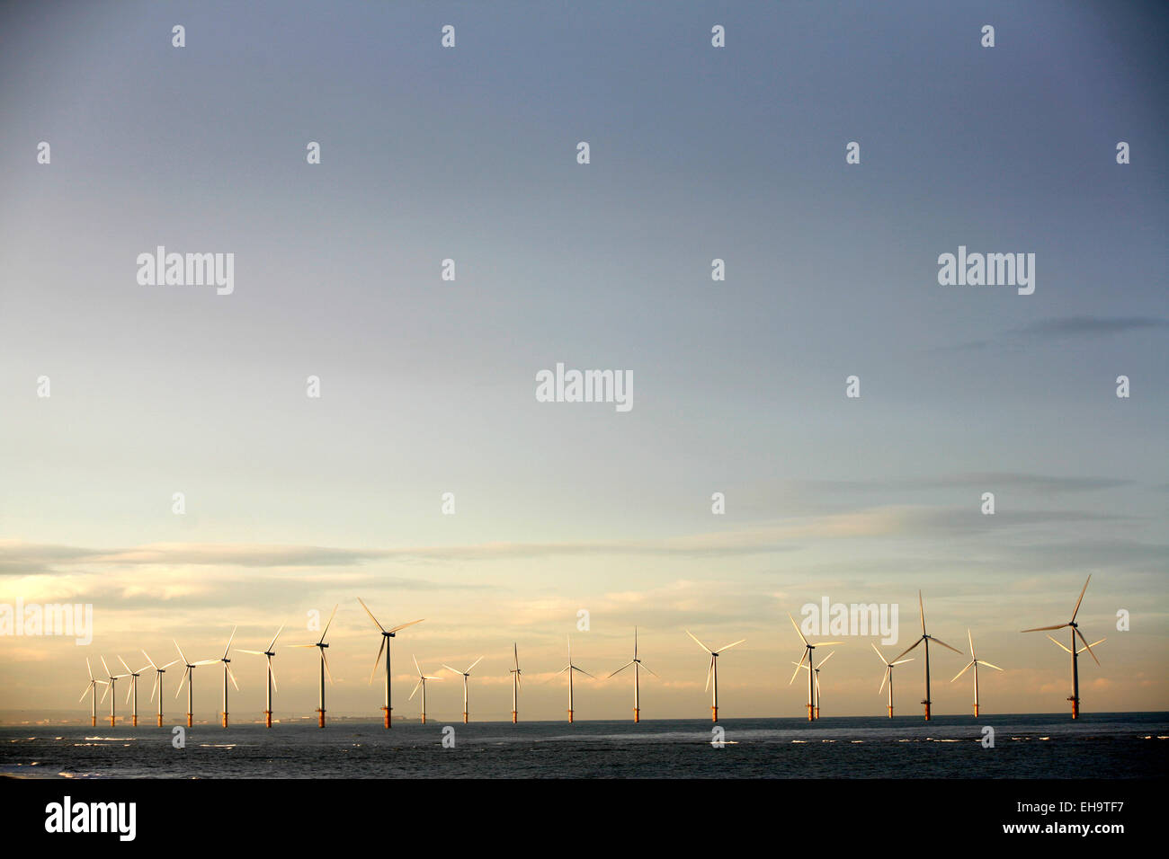 Wind turbines in the North Sea near the town of Redcar, Teeside, UK ...