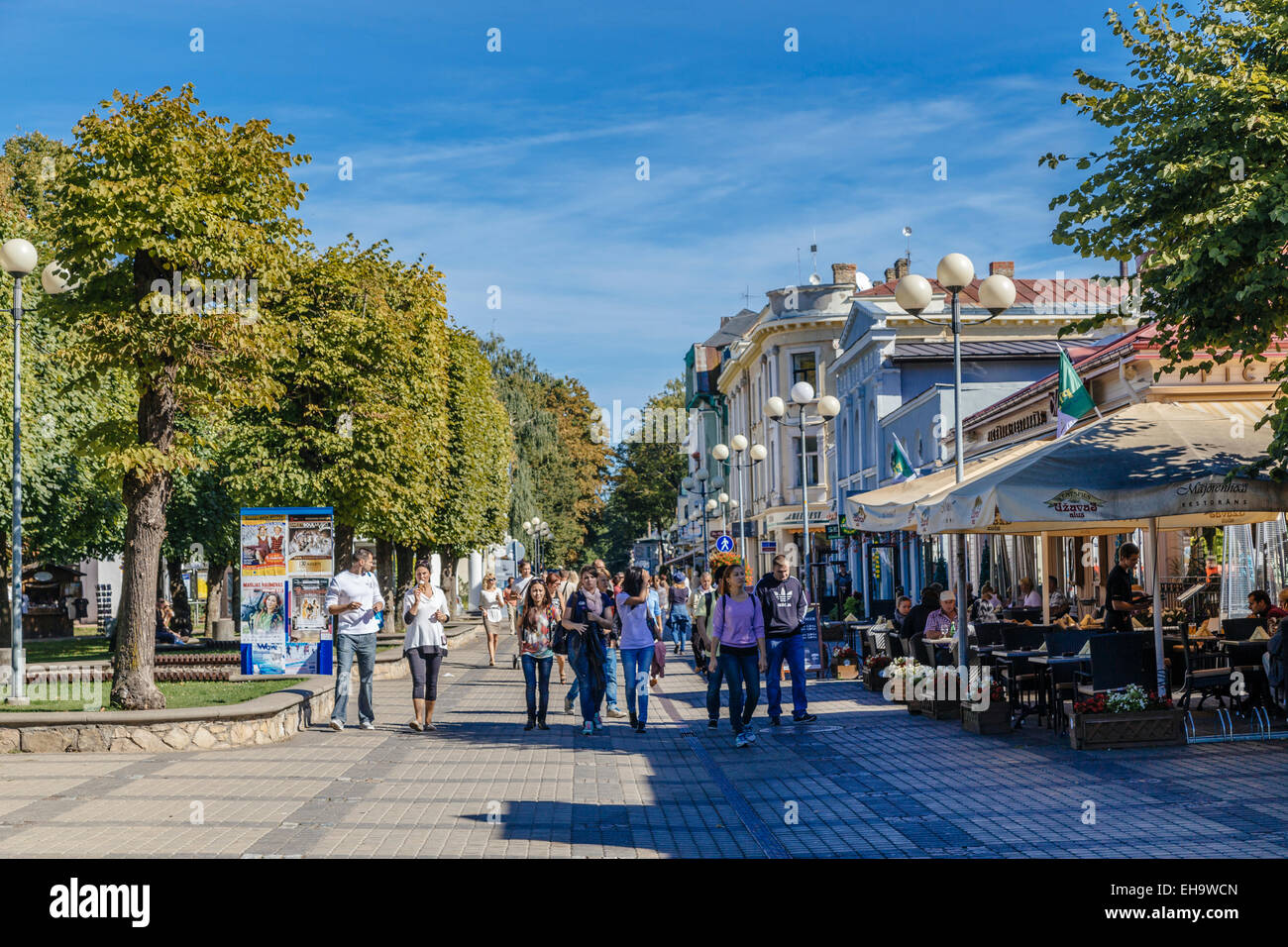 People walking along pedestrian street of Jomas Iela in Majori, Jurmala ...