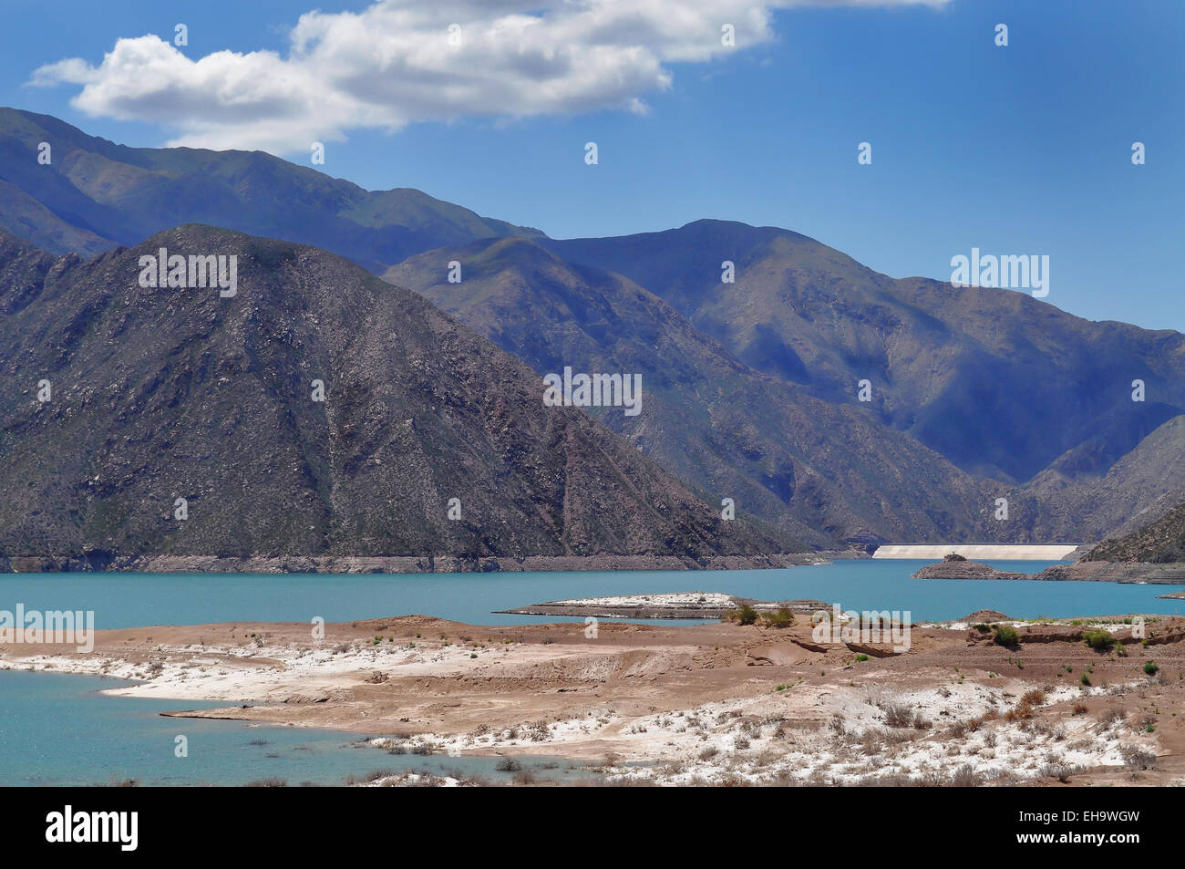 Potrerillos dam.A large dam on the Mendoza River forms an artificial ...