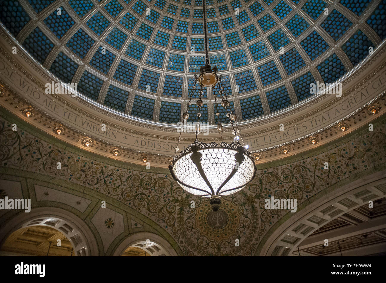 Chicago, USA. Looking up at the Tiffany dome in the Chicago Cultural ...