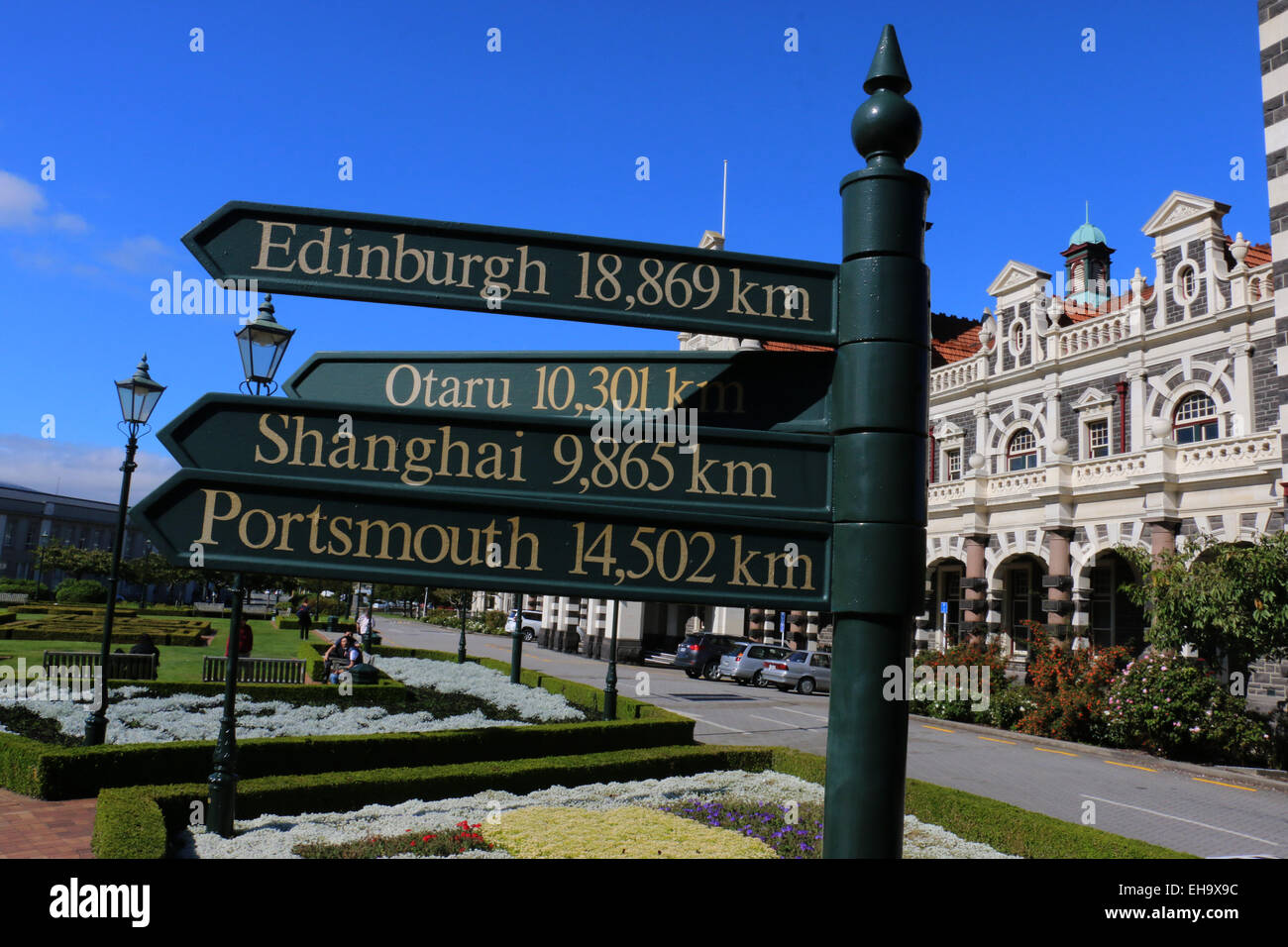 Distance to city signs outside Dunedin Railway Station in Dunedin New ...