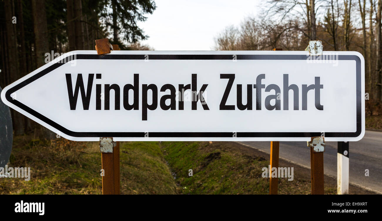 Wind farm sign in white black Stock Photo - Alamy
