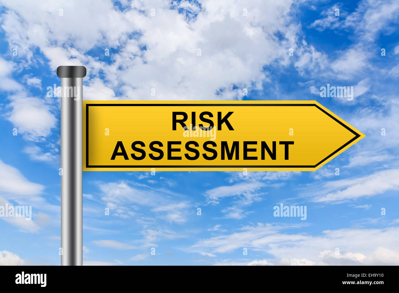risk assessment words on yellow road sign on blue sky Stock Photo - Alamy
