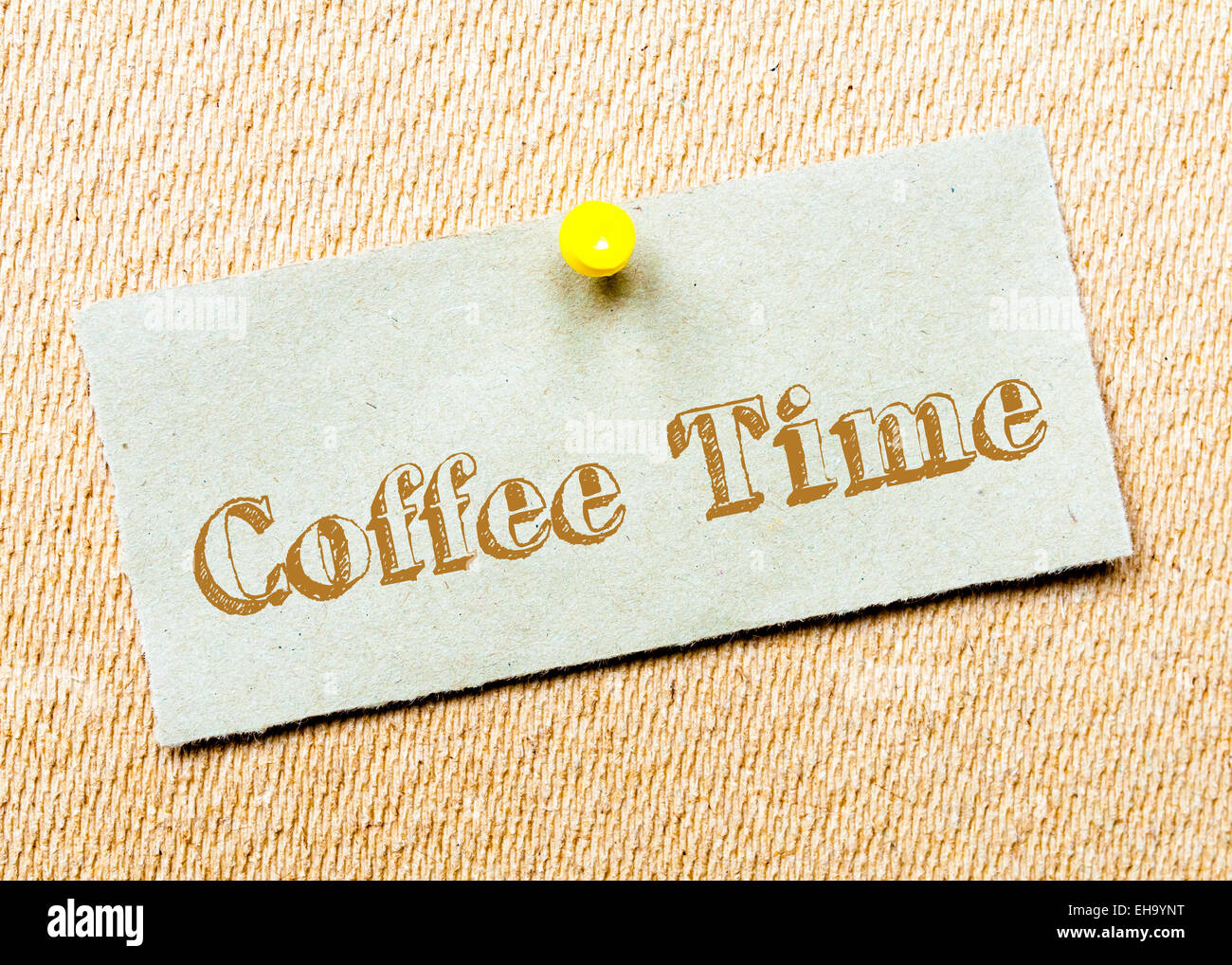 Recycled paper note pinned on cork board. Coffee Time Message. Concept ...