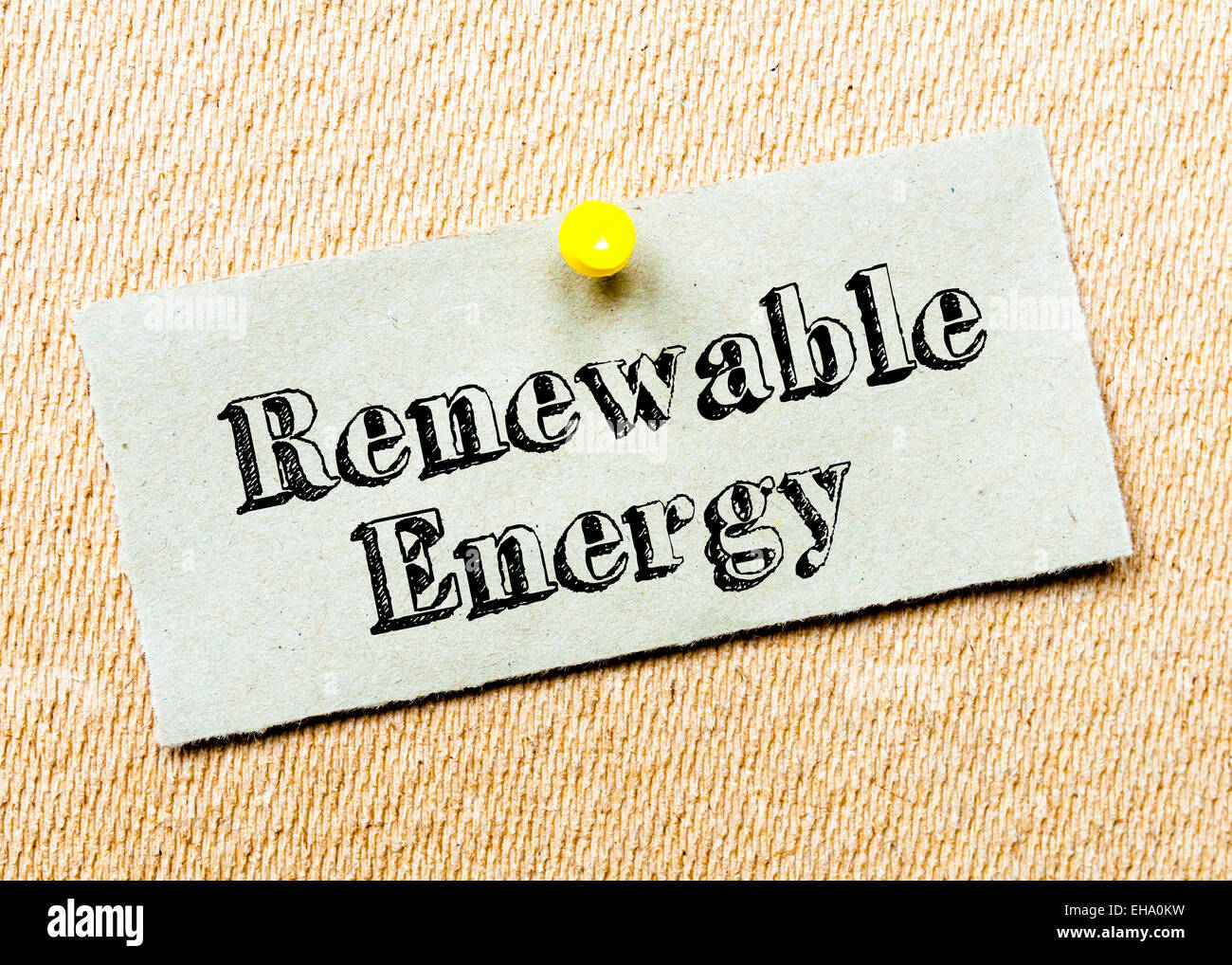 Recycled paper note pinned on cork board. Renewable Energy Message ...