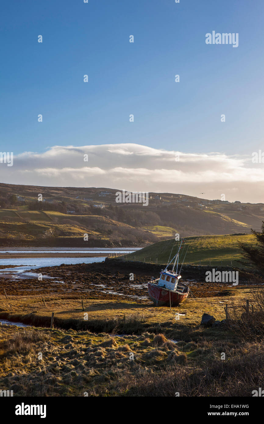 Beached fishing boat in Teelin Bay, near Carrick, Donegal, Ireland ...