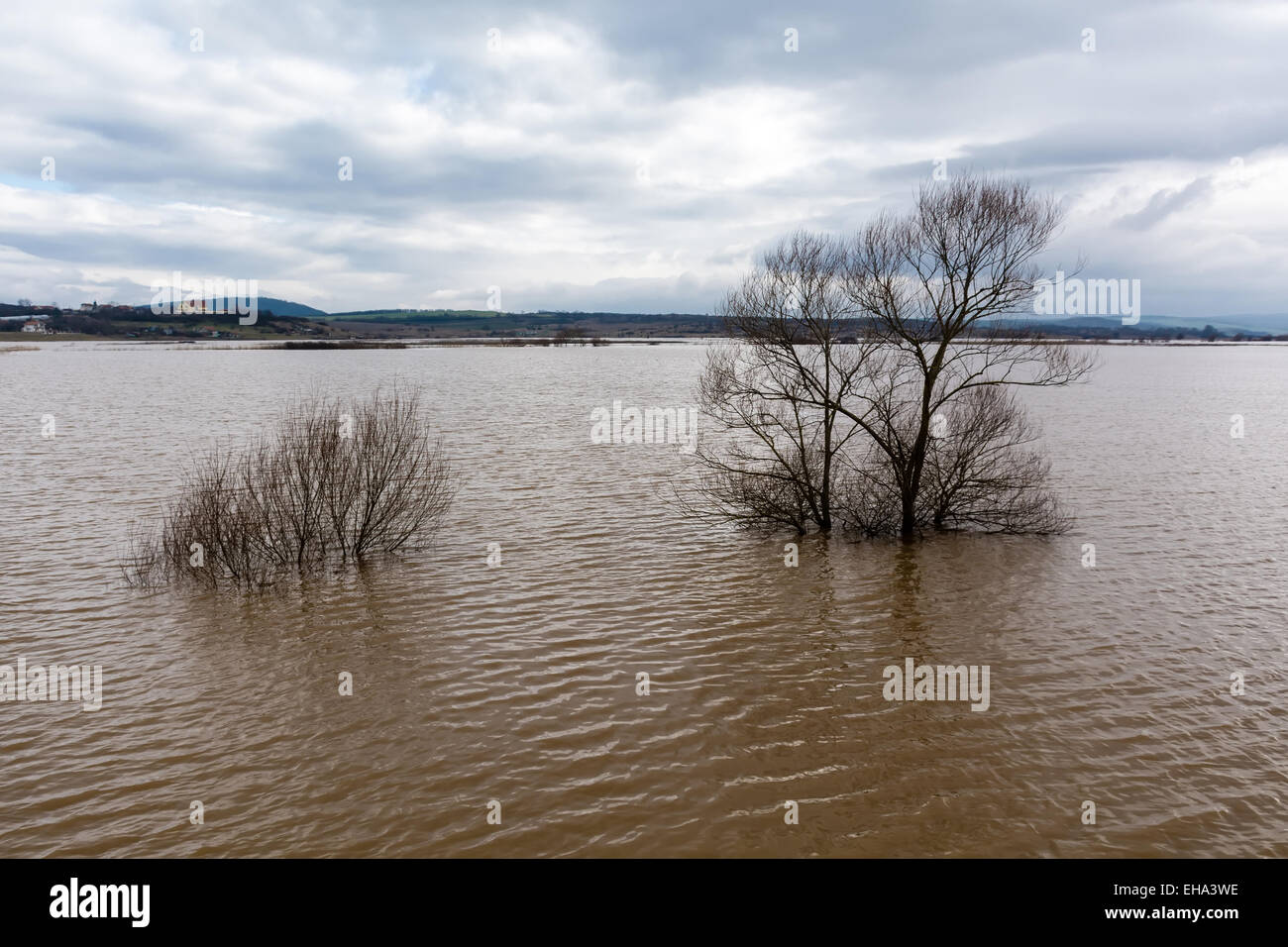 Flood - a natural phenomenon. Spilled lake submerged fields Stock Photo ...