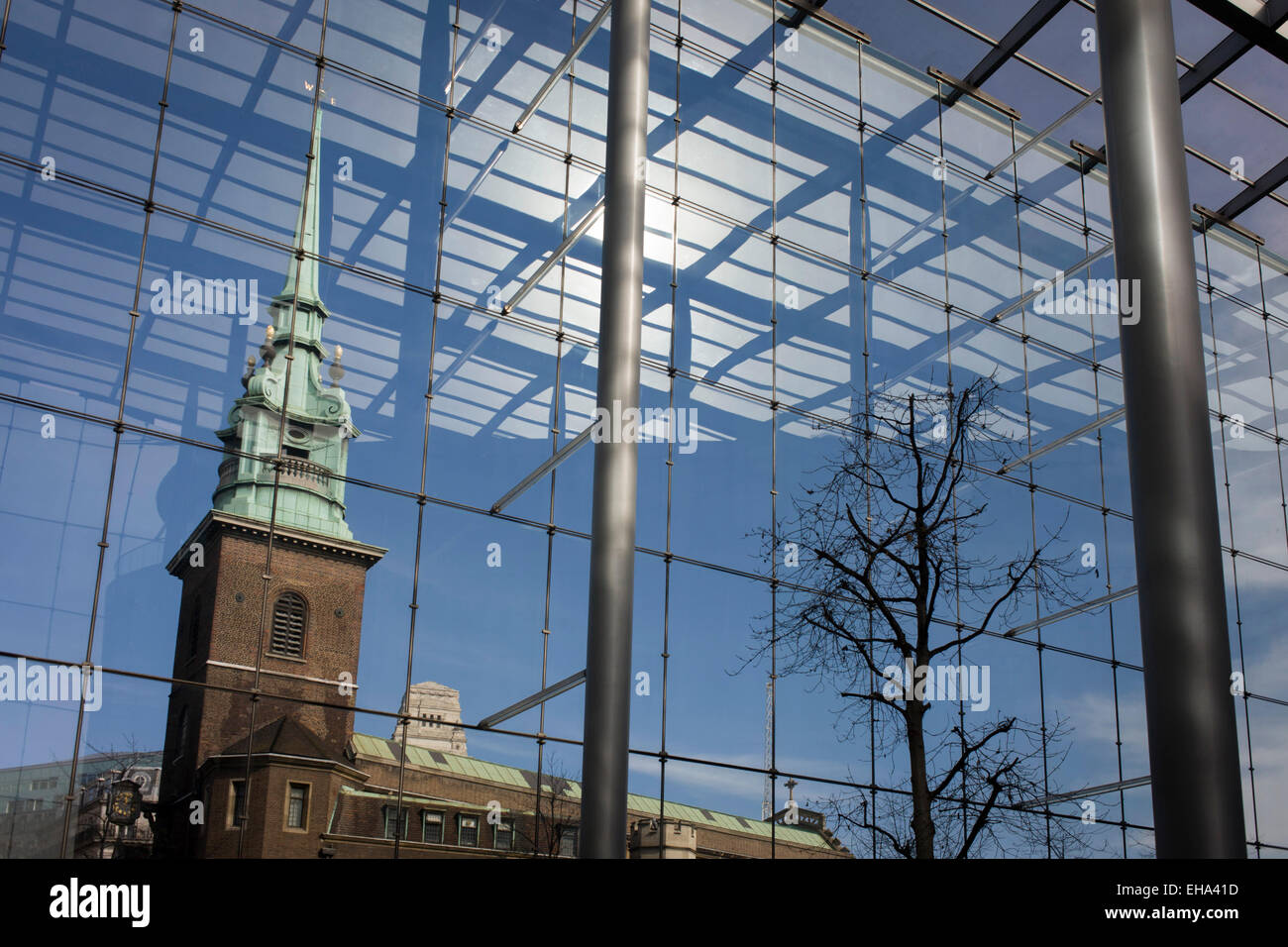 All Hallows-by-the-Tower church and modern architecture of Tower Place ...