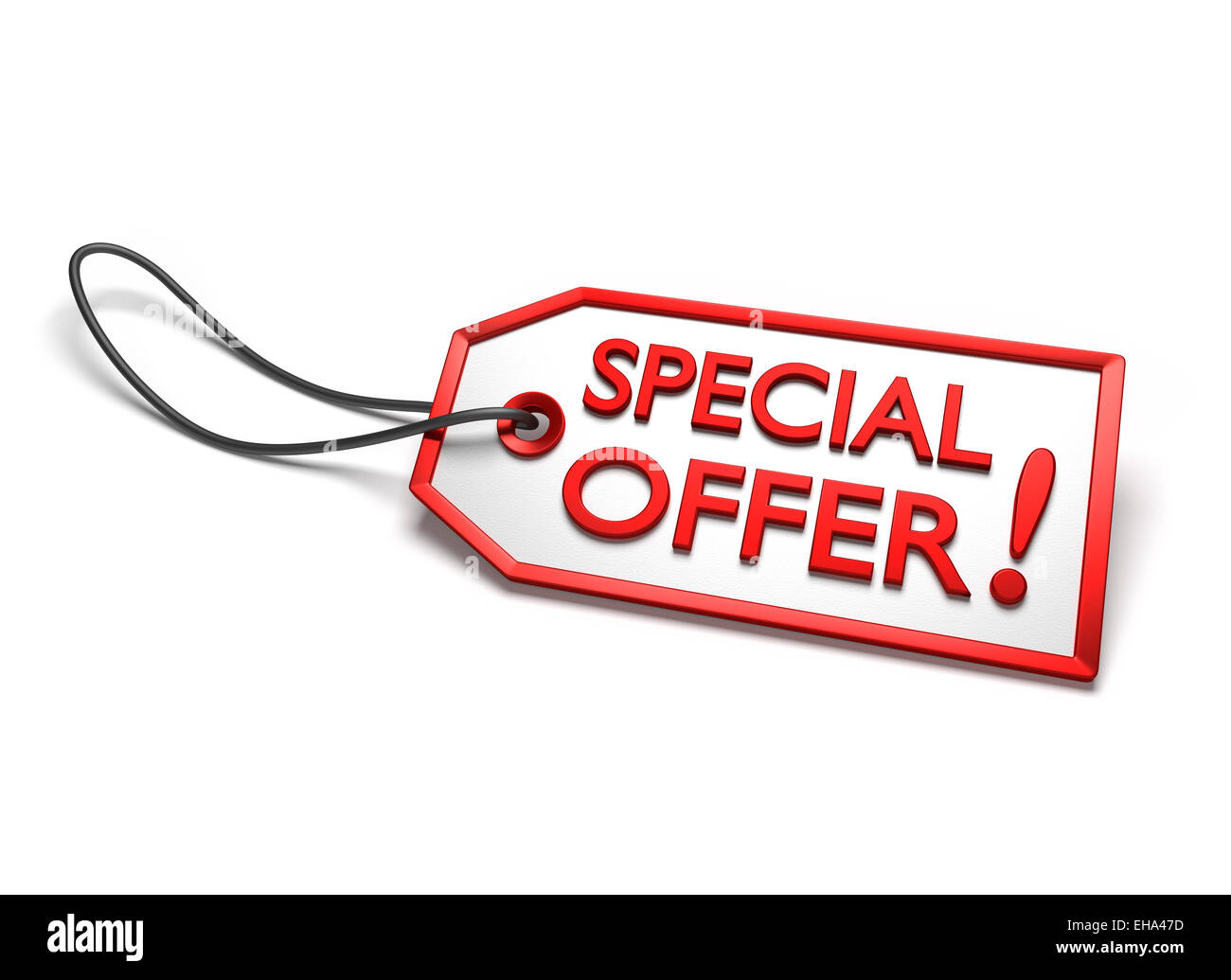 Special offer badge. White sticker with red border and string attached ...