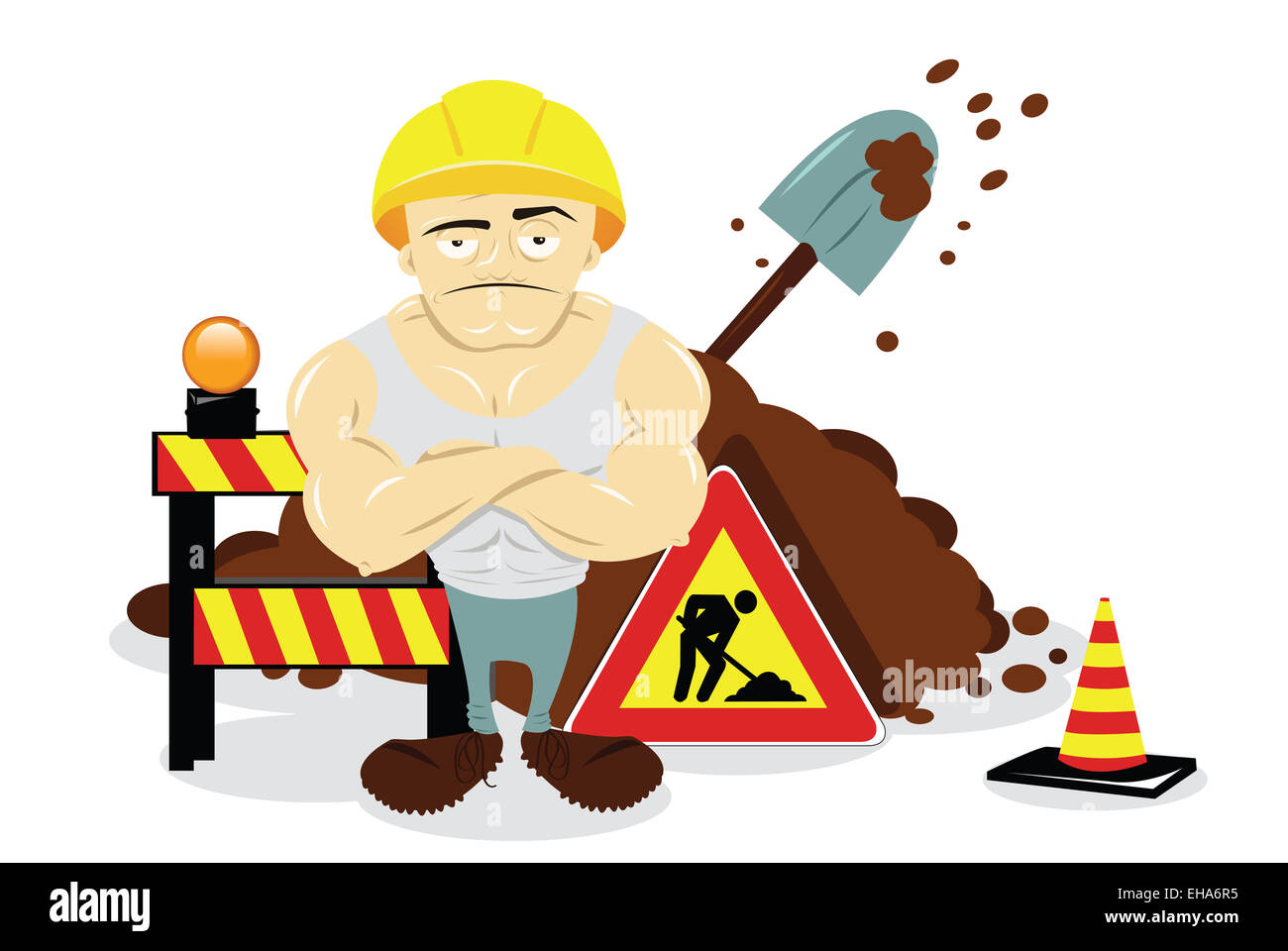 a vector cartoon representing some works in progress and a worker Stock ...