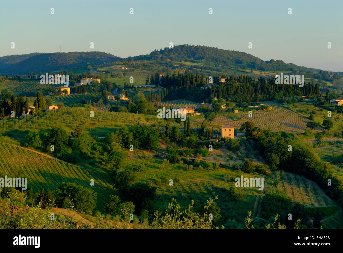 Tuscan landscape with farm houses surrounding the town of San Gimignano ...