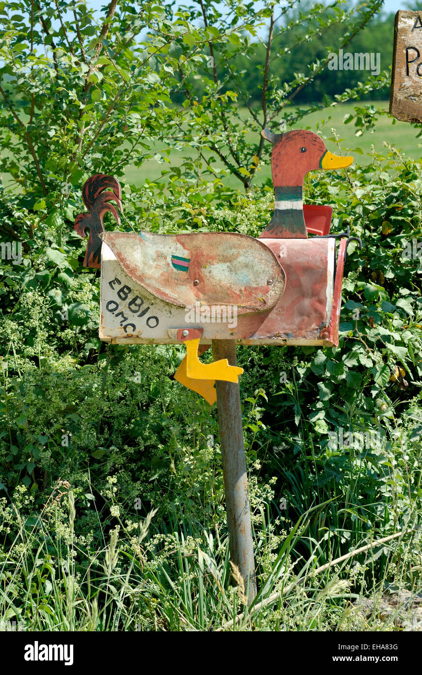 Rusty old rural mailbox with duck design Stock Photo - Alamy