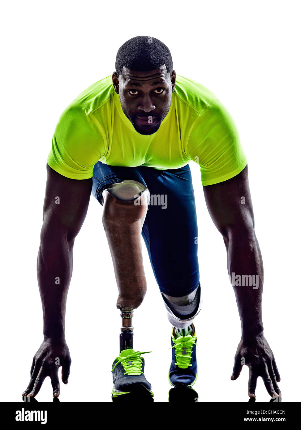 one muscular handicapped man starting line with legs prosthesis in ...