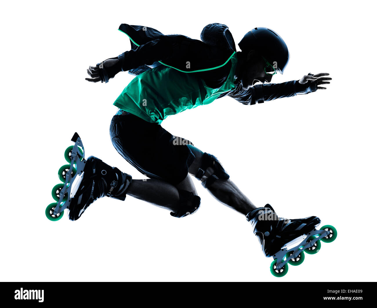 one caucasian man Roller Skater inline Roller Blading in silhouette ...