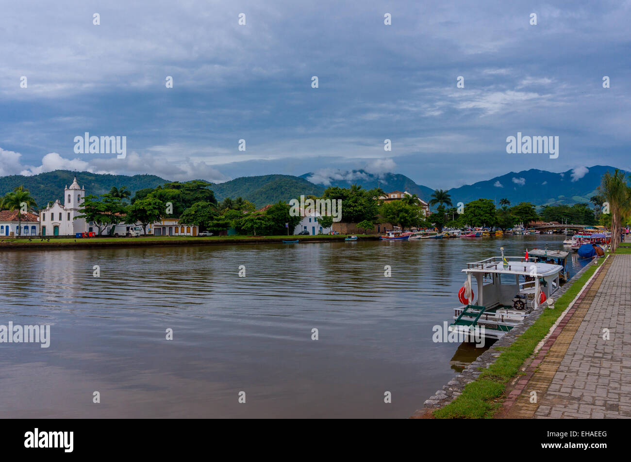View of the river channel passing through Paraty, a colonial town in ...