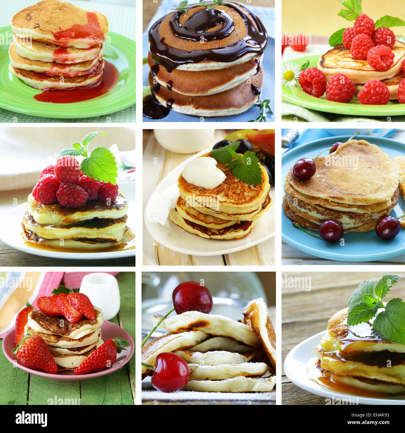 collage of different variant pancakes breakfast with berries and sauce ...