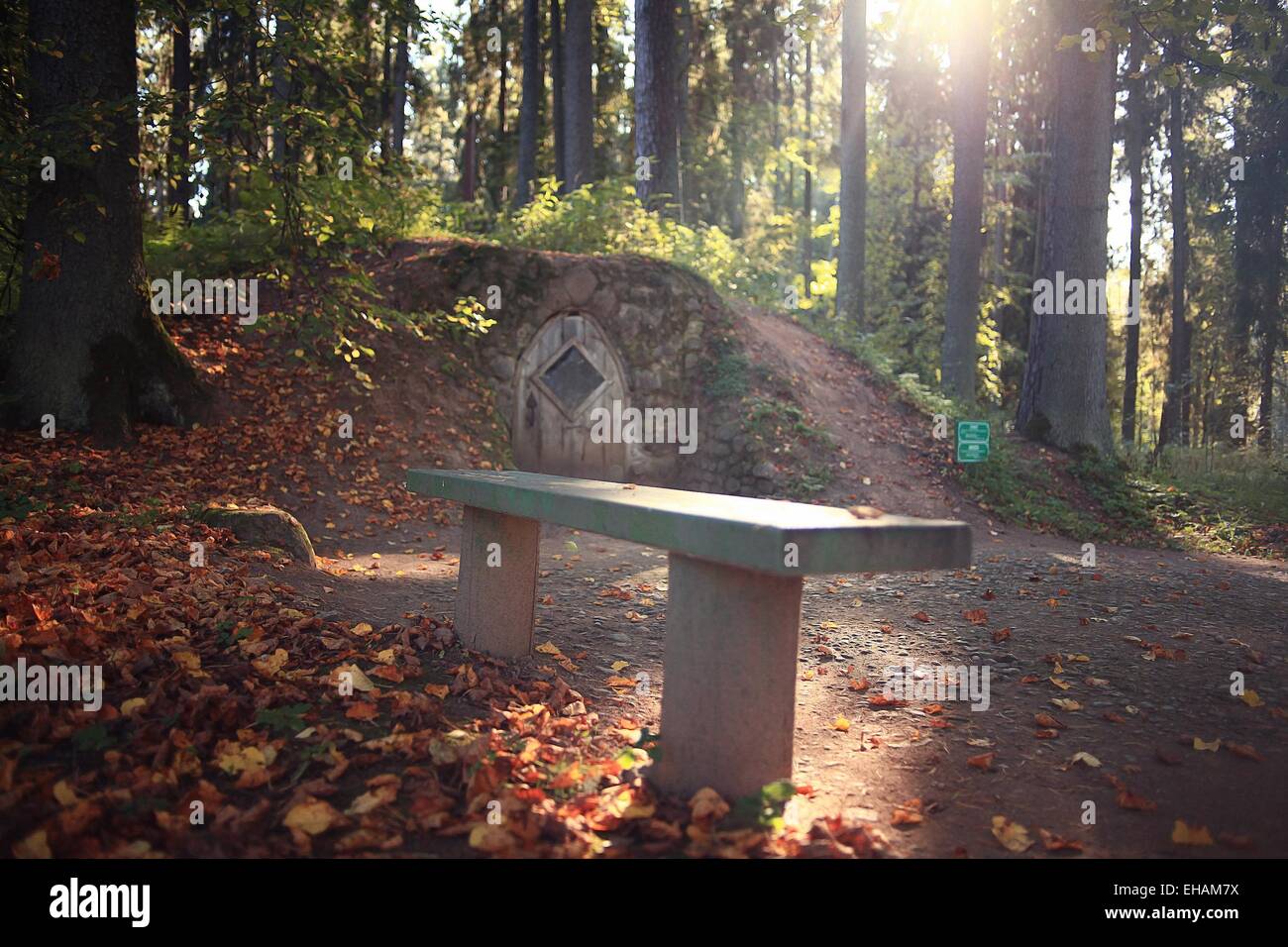 garden bench in autumn park landscape Stock Photo - Alamy