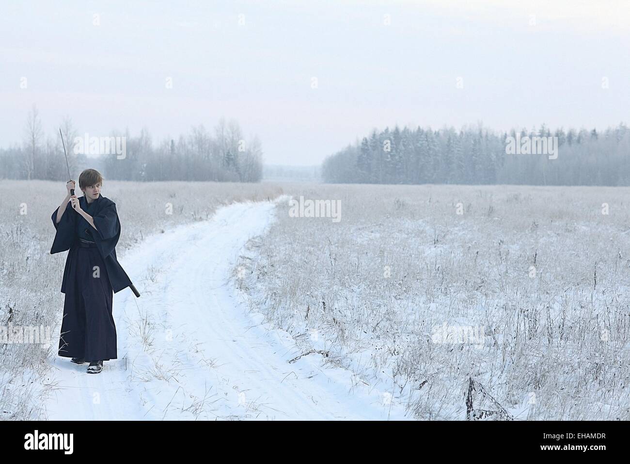 Japanese ninja winter portrait Stock Photo - Alamy