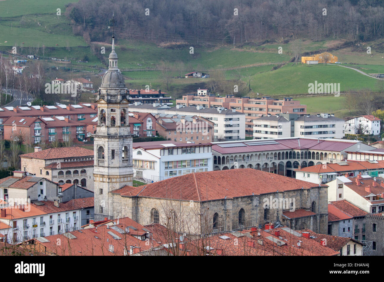 Aerial view of Santa Maria La Real church in Azkoitia village, Urola ...