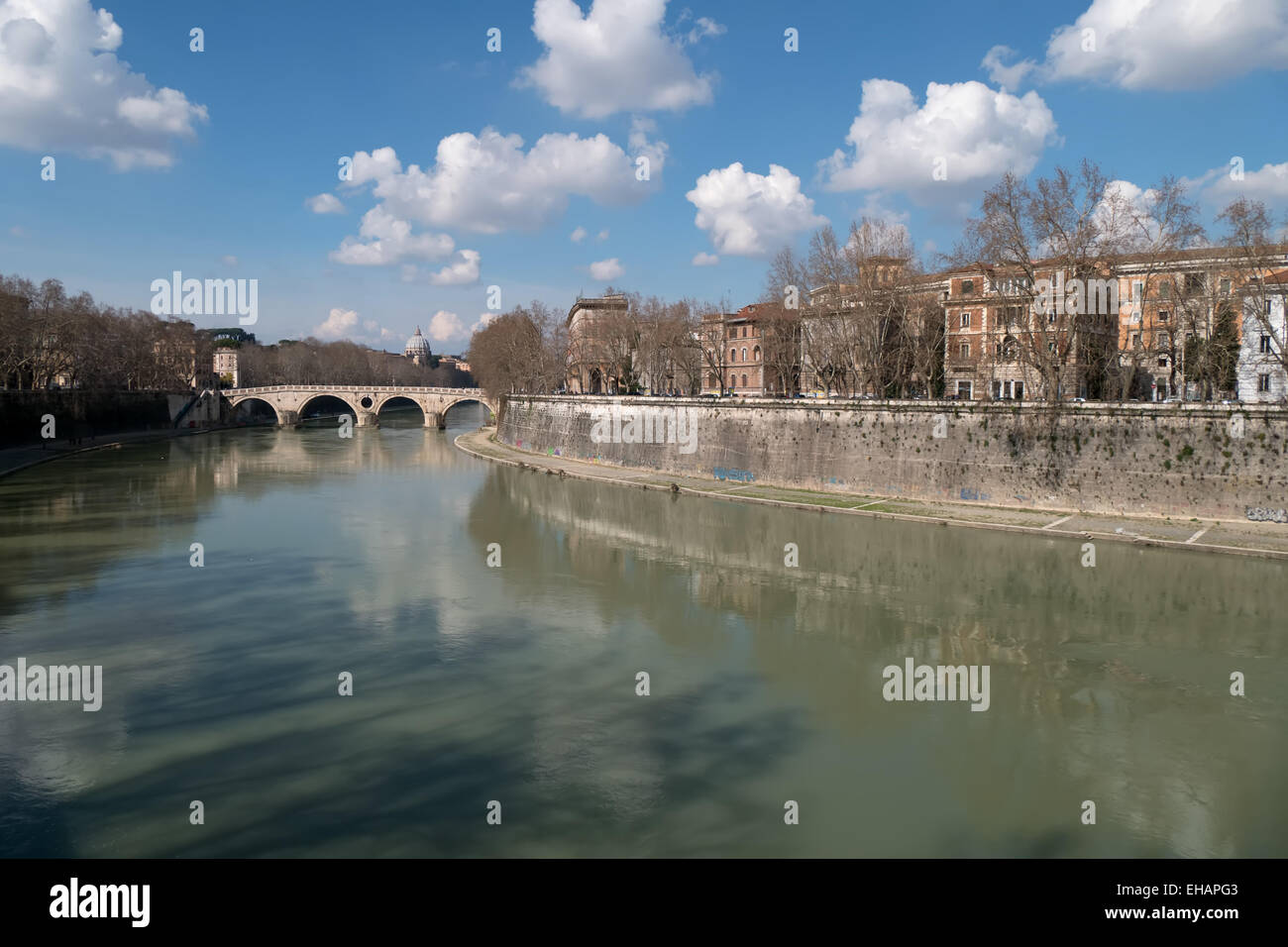 Landscape, view of the city with river Tiber, Tevere and St. Peter's ...