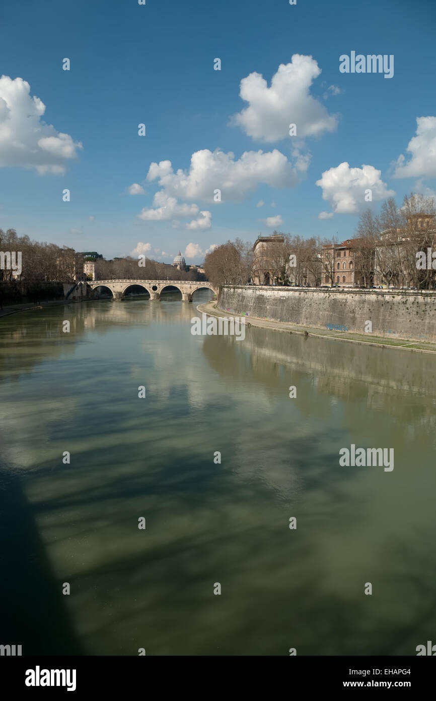 Landscape, view of the city with river Tiber, Tevere and St. Peter's ...