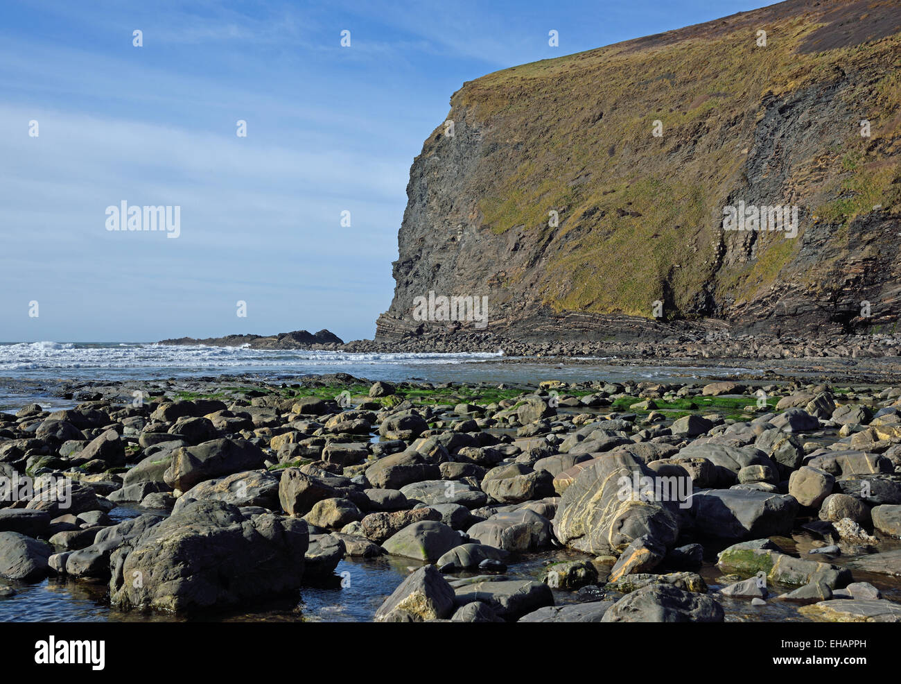 The beach and Pencannow Point at Crackington Haven, near Bude, Cornwall ...