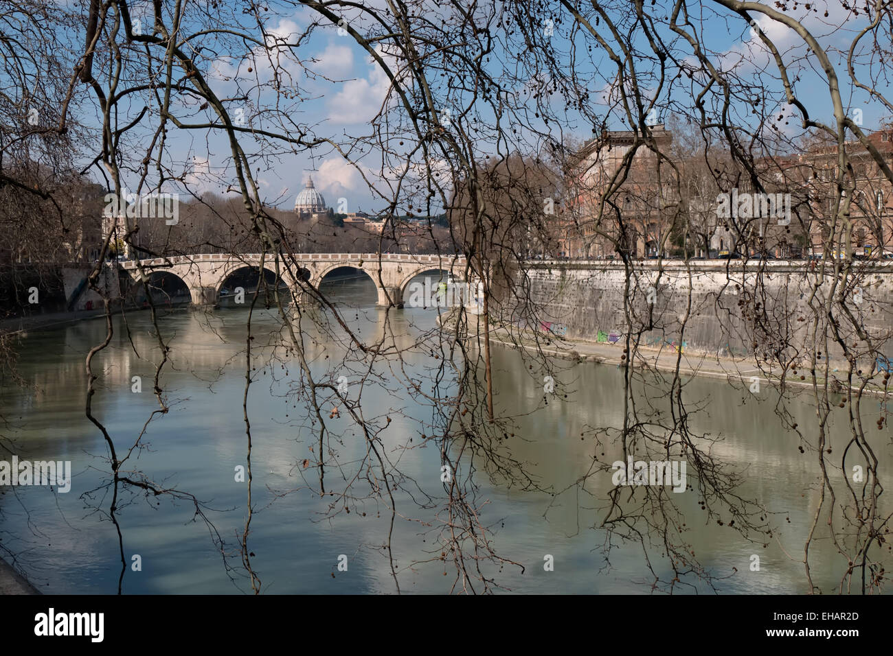 Landscape, view of the city with river Tiber, Tevere and St. Peter's ...