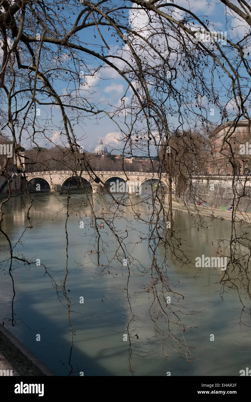 Landscape, view of the city with river Tiber, Tevere and St. Peter's ...