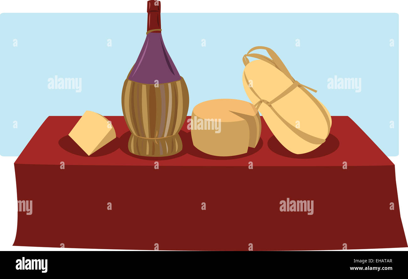 a vector cartoon representing some italian cheese and a bottle of ...