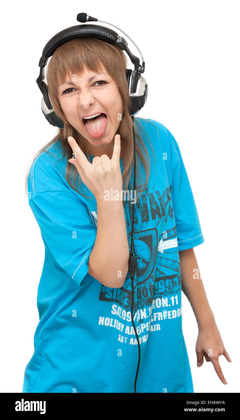 Girl in earphone shows language Stock Photo - Alamy