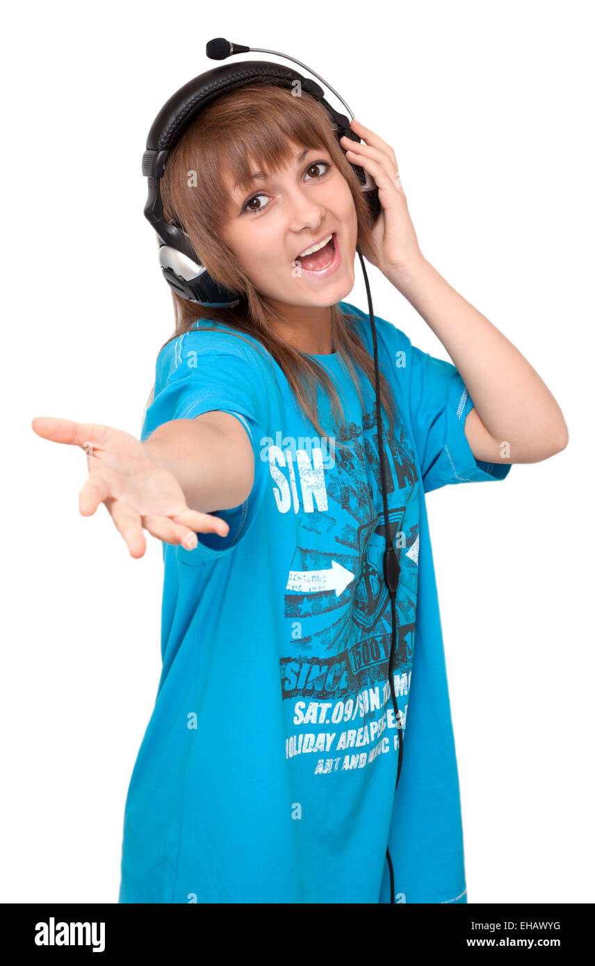 Young girl in earphone sings Stock Photo - Alamy