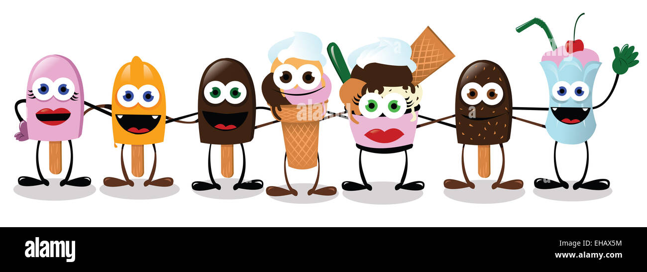 a vector cartoon representing some funny ice creams in a collective hug ...