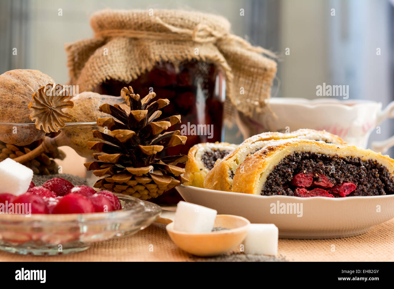 Poppy seed strudel with cherry Stock Photo - Alamy