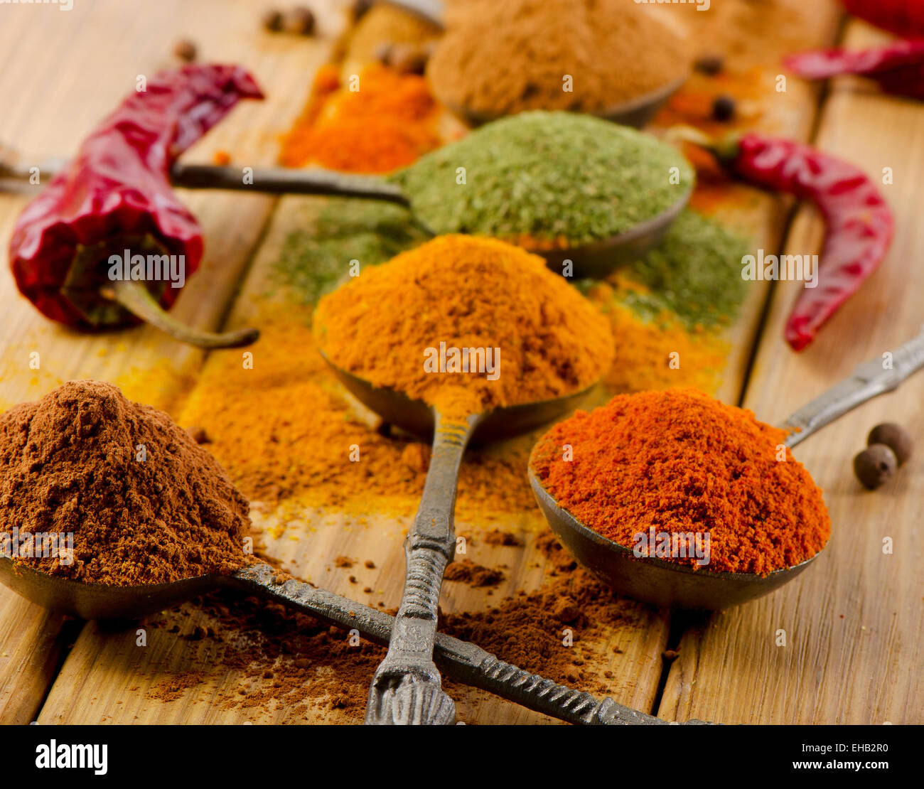 dried spices and chilli peppers. Close up view Stock Photo - Alamy