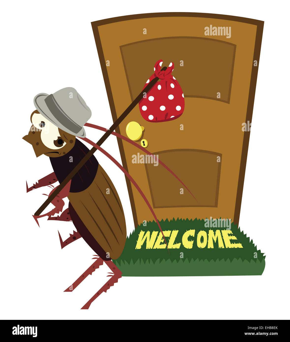 a vector cartoon representing a funny cockroach leaving the house he ...