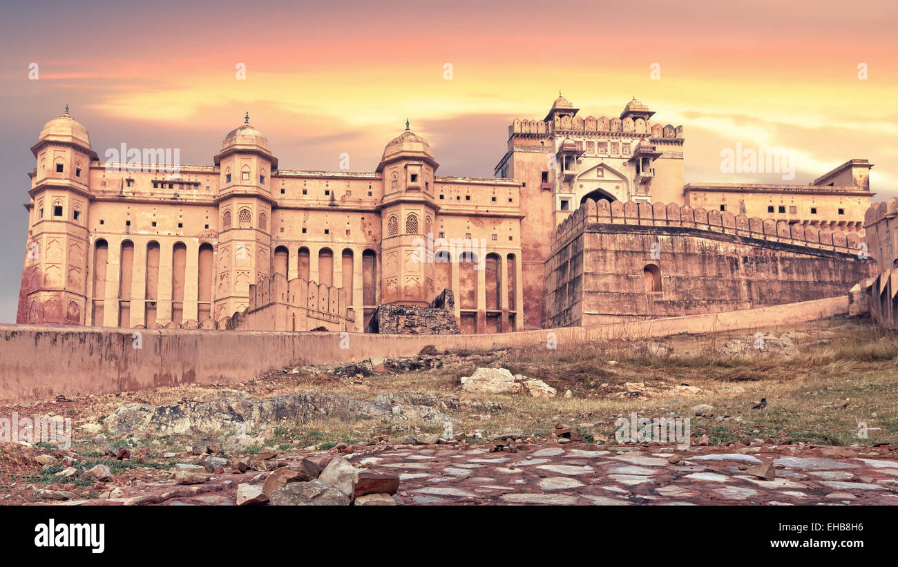 View of Amber fort at sunset, Jaipur, India, Rajasthan. Creative filter ...